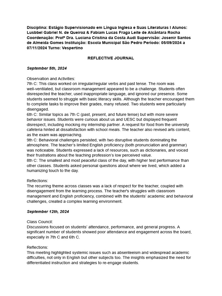 Reflective Journal | PDF | Teachers | Classroom Management