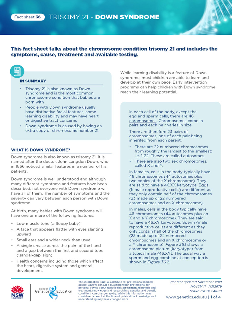 Trisomy 21 Down Syndrome Fact sheet-CGE | PDF | Down Syndrome | Karyotype