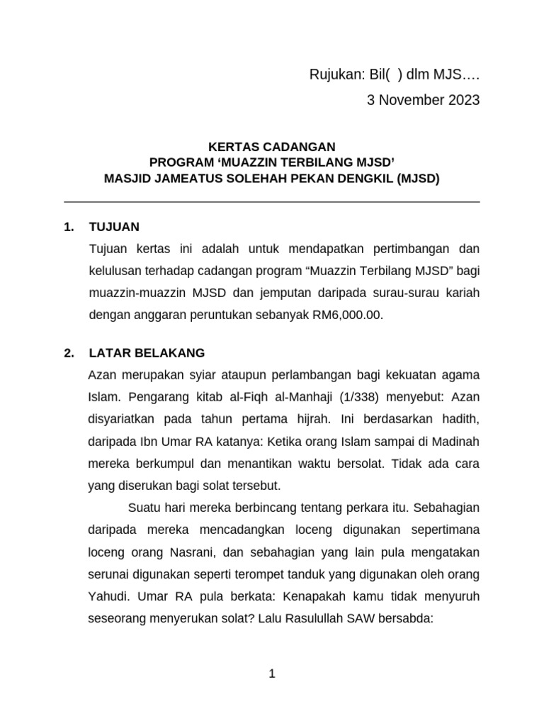 Kertas Kerja Cadangan Program Muazzin Terbilang MJSD 3 November | PDF