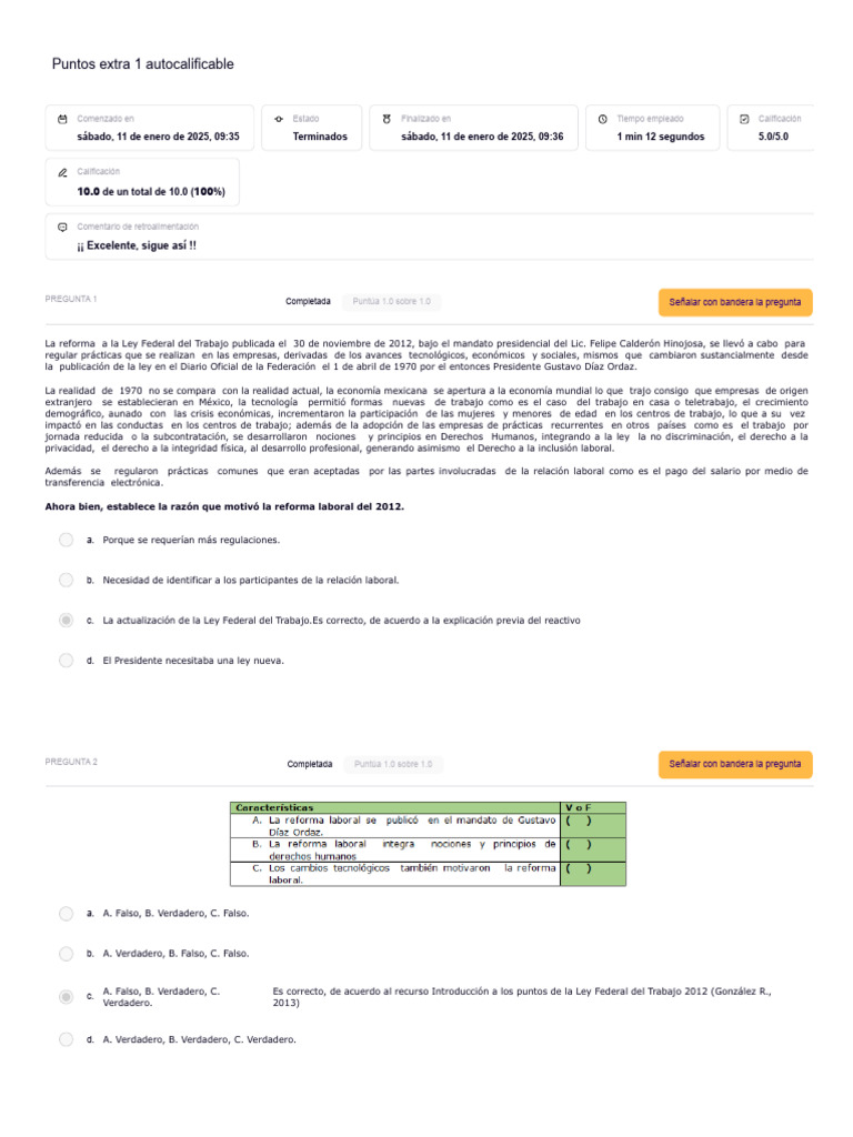 Puntos Extra 1 Autocalificable - Relaciones Laborales - Revisión Del Intento | PDF | Outsourcing ...