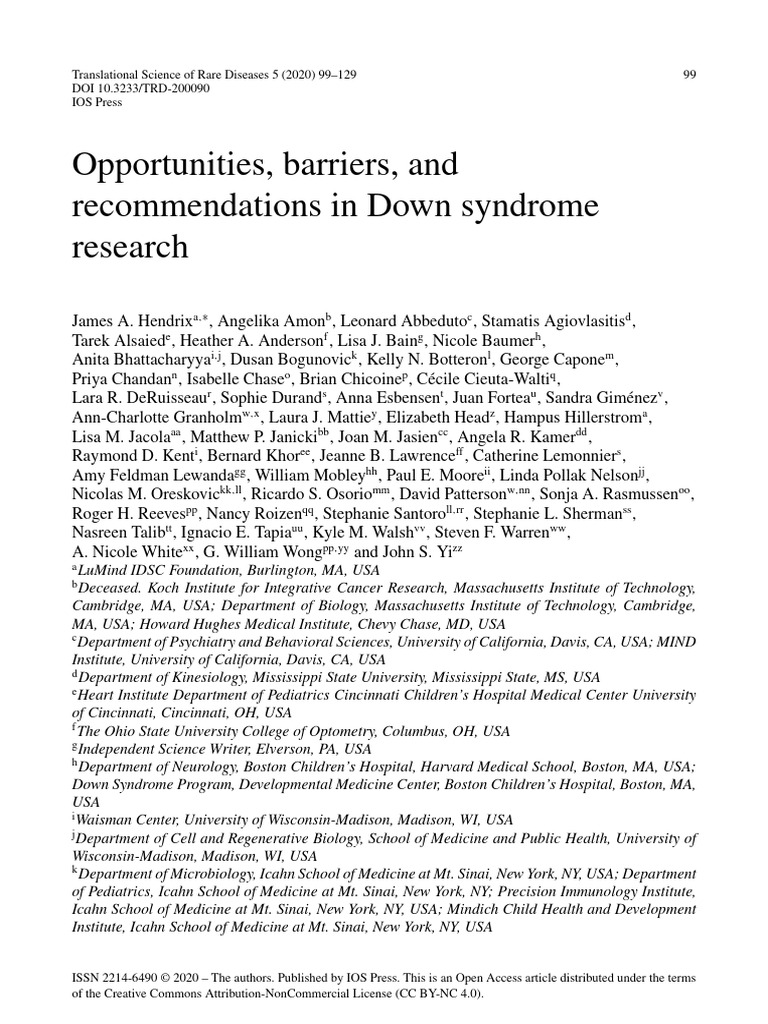 Opportunities Barriers and Recommendations in Down Syndrome Research ...