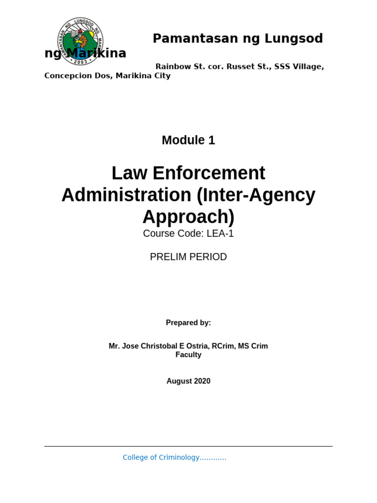 Plmar Lea 1 Module 1 Prelim Period | PDF | Police | Crimes