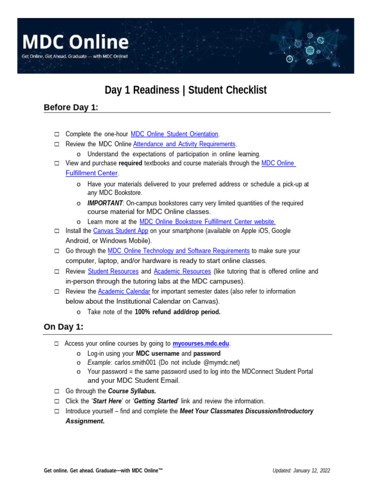 Day 1 NEW Canvas Class Readiness Student Checklist 2024 | PDF ...