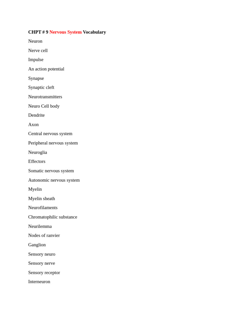 CHPT 9 Nervous System Vocabulary | PDF