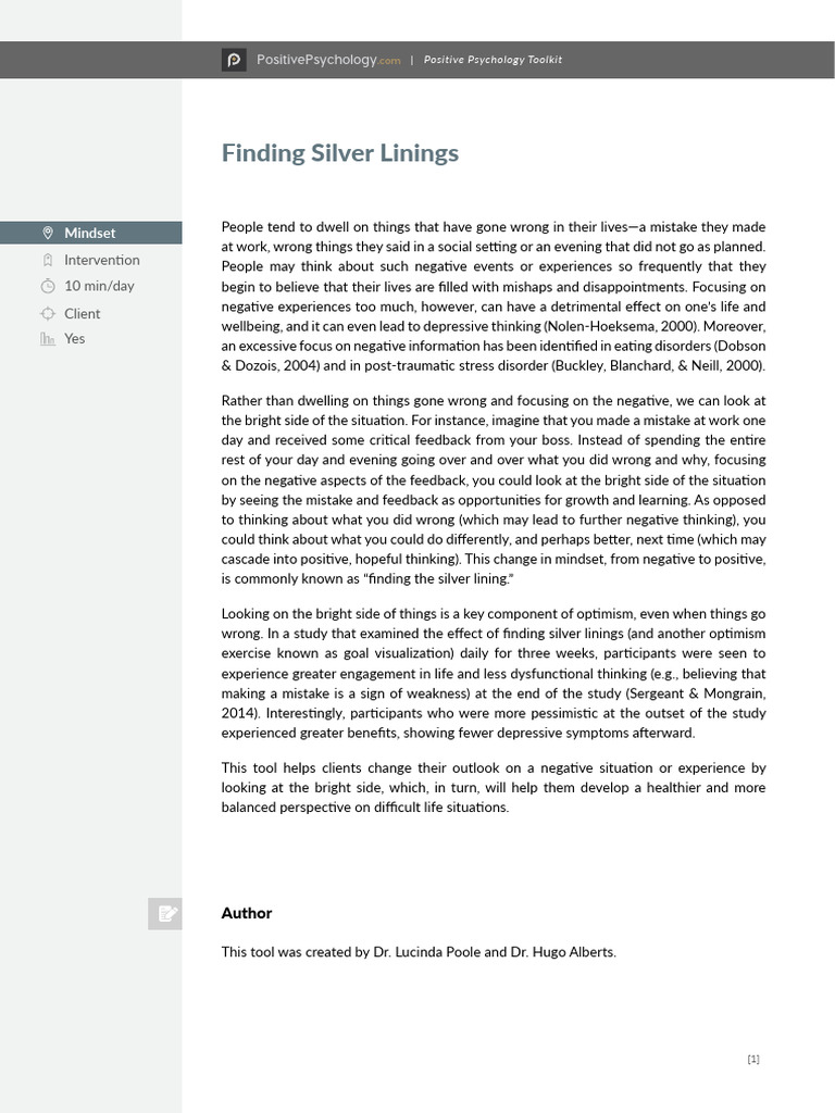 Finding Silver Linings Exercise Guide | PDF | Optimism | Positive ...