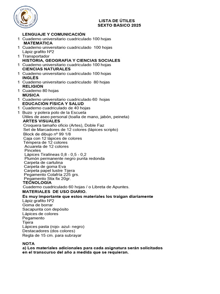 Lista Utiles 6to Basico | PDF