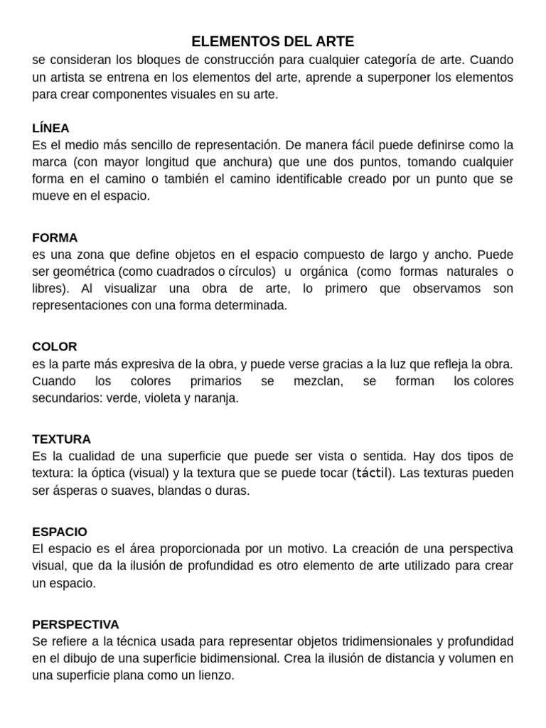 25 Elementos Del Arte Línea Forma Color Textura Espacio Perspectiva | PDF