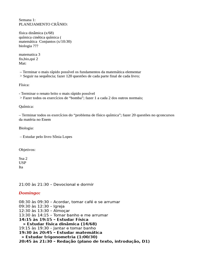 Rotina Da Semana Né Pai | PDF | Matemática | Ciências Físicas