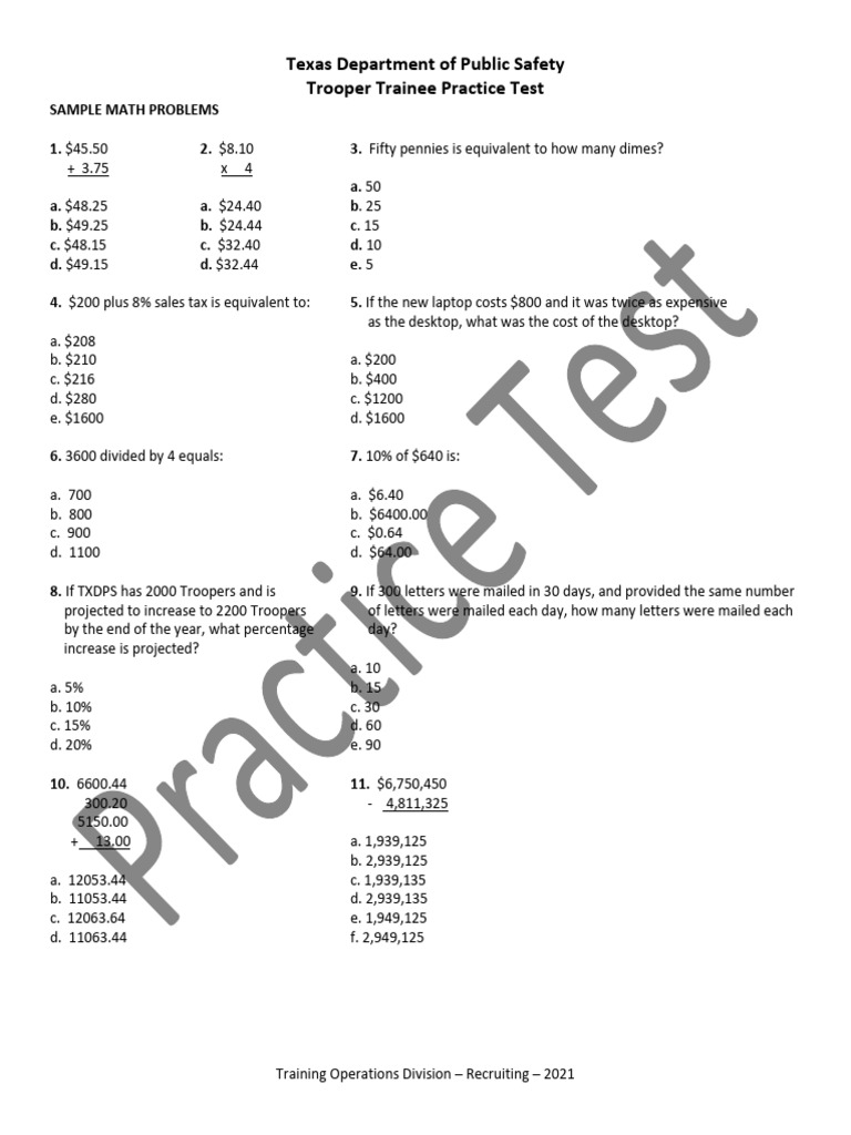 Texas Department of Public Safety Trooper Trainee Practice Test | PDF ...