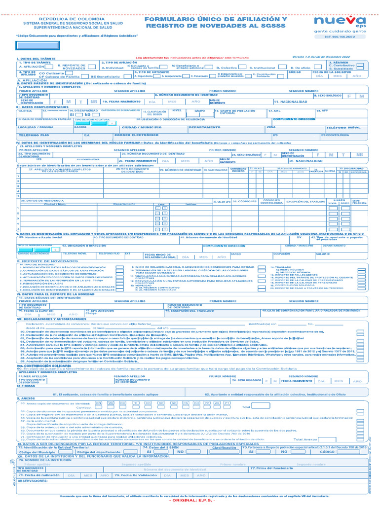 Formulario Unico de Afiliación Editable NUEVA EPS 02 Abr 2024 (1) 2 | PDF