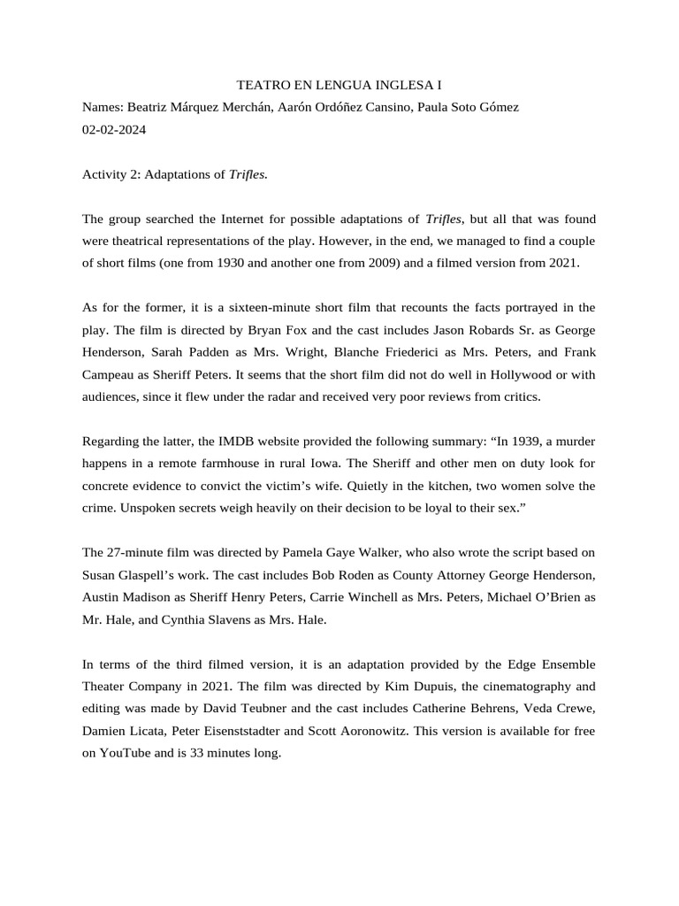 Possible adaptations of Trifles | PDF