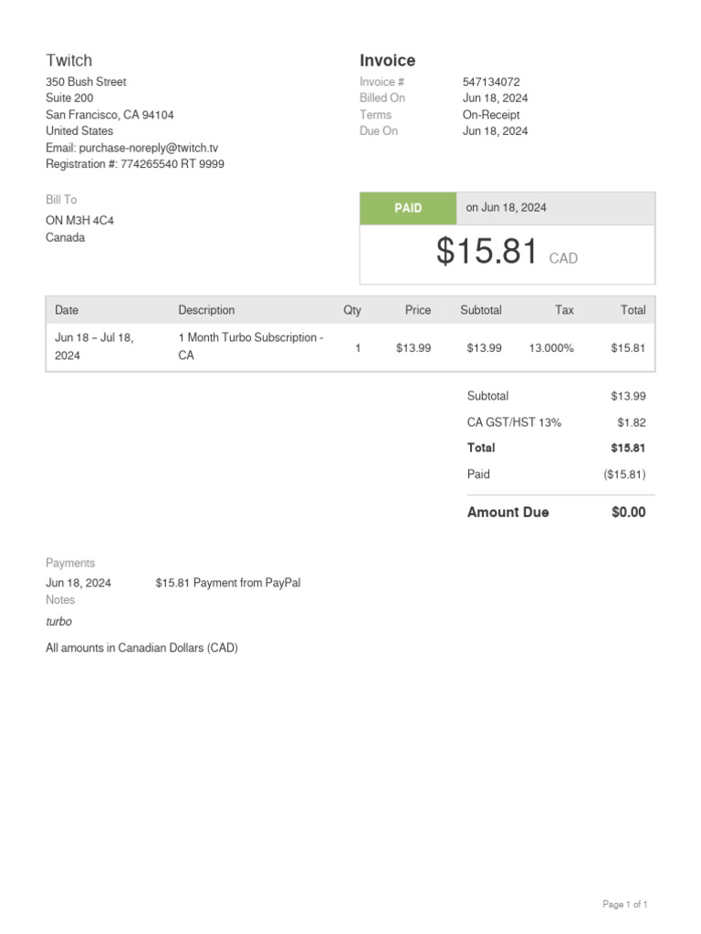 Twitch Turbo Subscription Invoice 547134072 | PDF