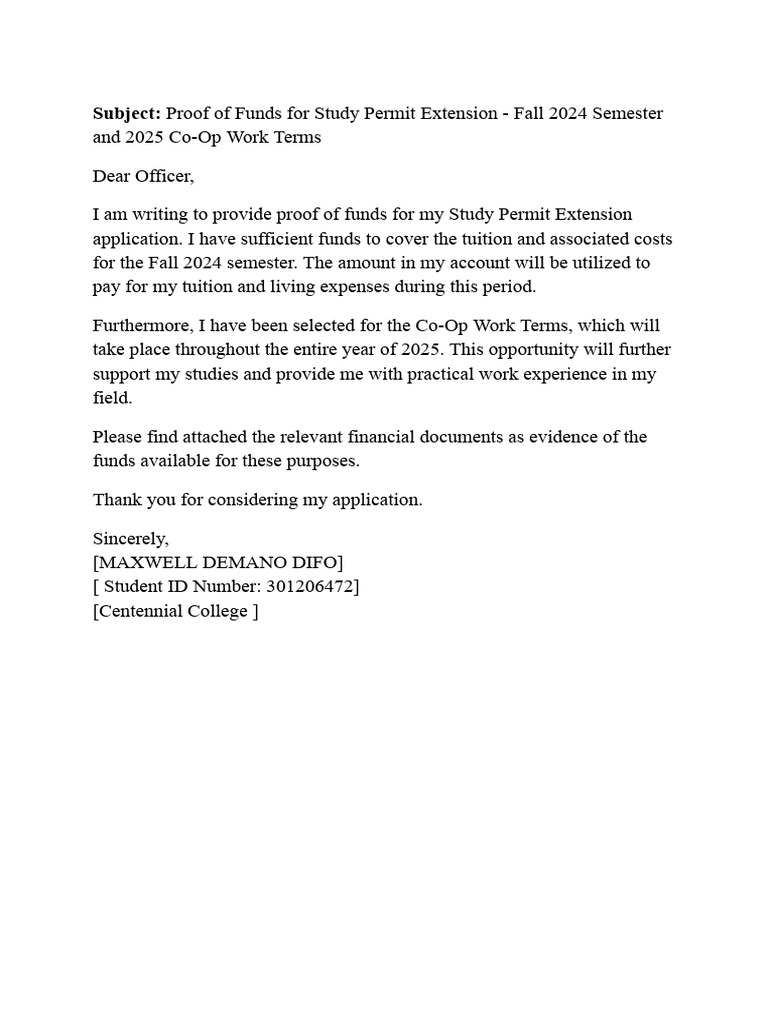 Proof of Funds for Study Permit Extension | PDF