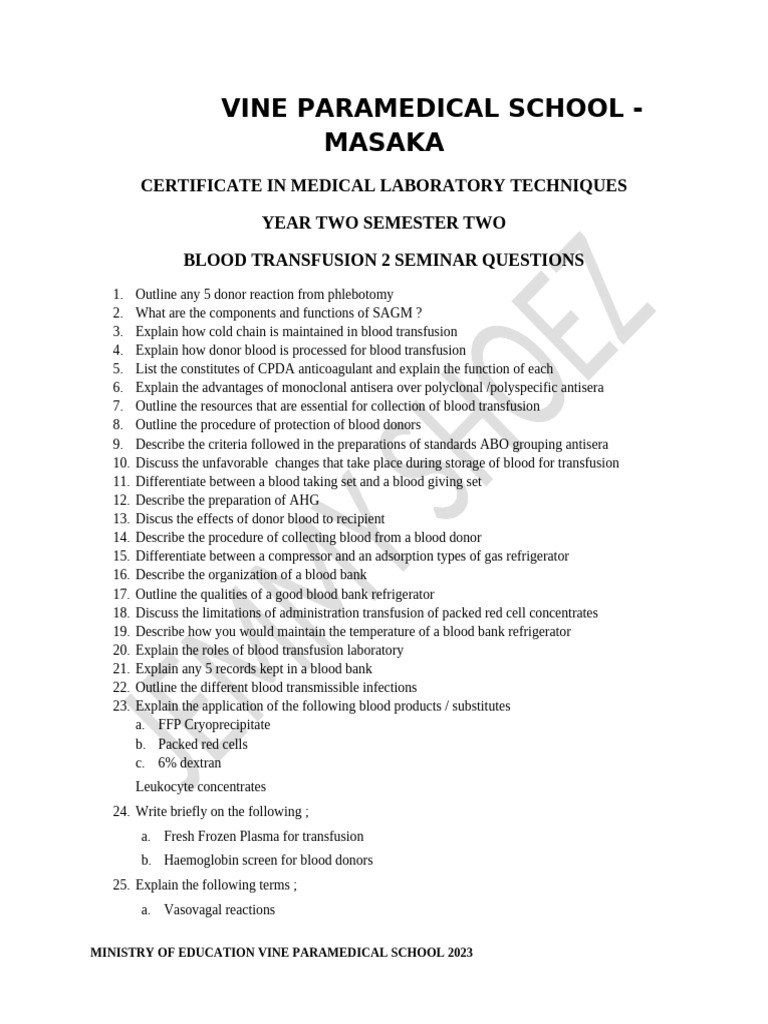 BLOOD TRANSFUSION QUESTIONS YEAR 2 SEMISTER TWO | PDF | Blood ...