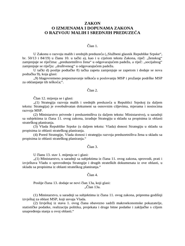Zakon o Izmjenama I Dopunama Zakona o Razvoju Malih I Srednjih Preduzeća | PDF
