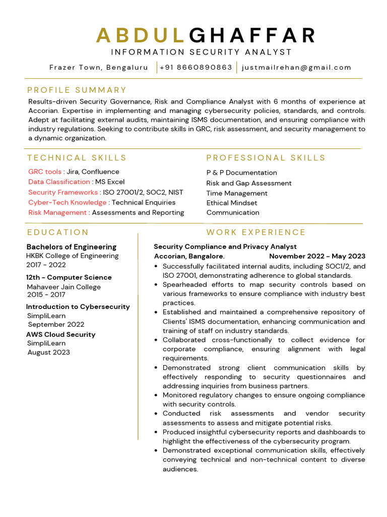 CutShort Abdul Ghaffar Resume 2 YWm4 | PDF | Regulatory Compliance | Computer Security