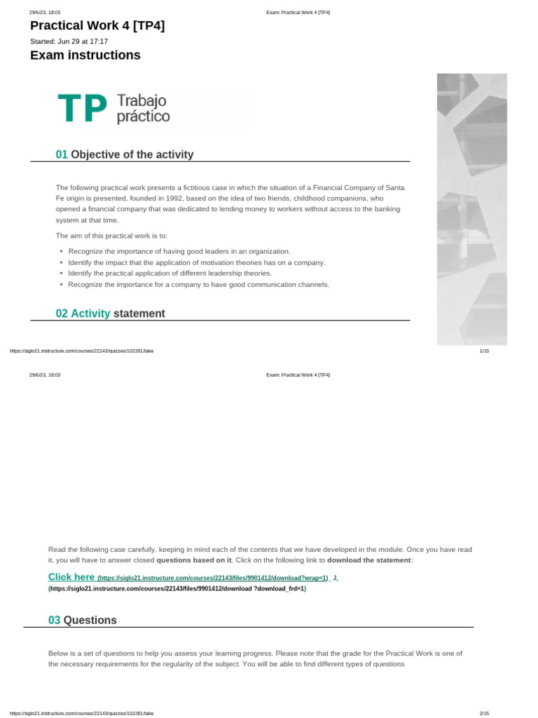 Exam Practical Work 4 (TP4) 100% | PDF | Motivational | Motivation