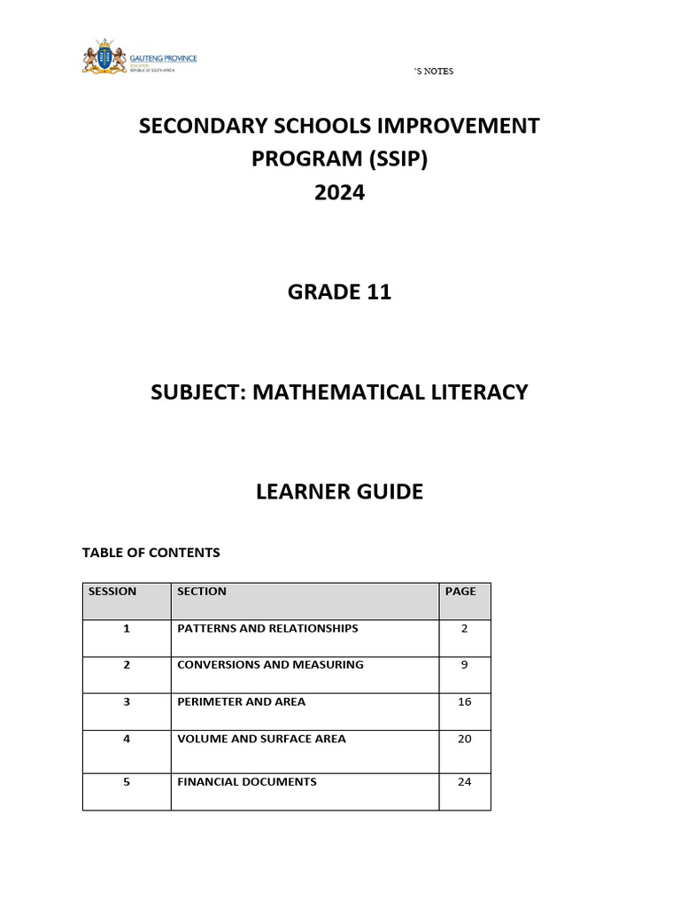 Grade 11 Ssip Math Lit Session 1 - 5 Learner Guide 2024 | PDF | Area ...