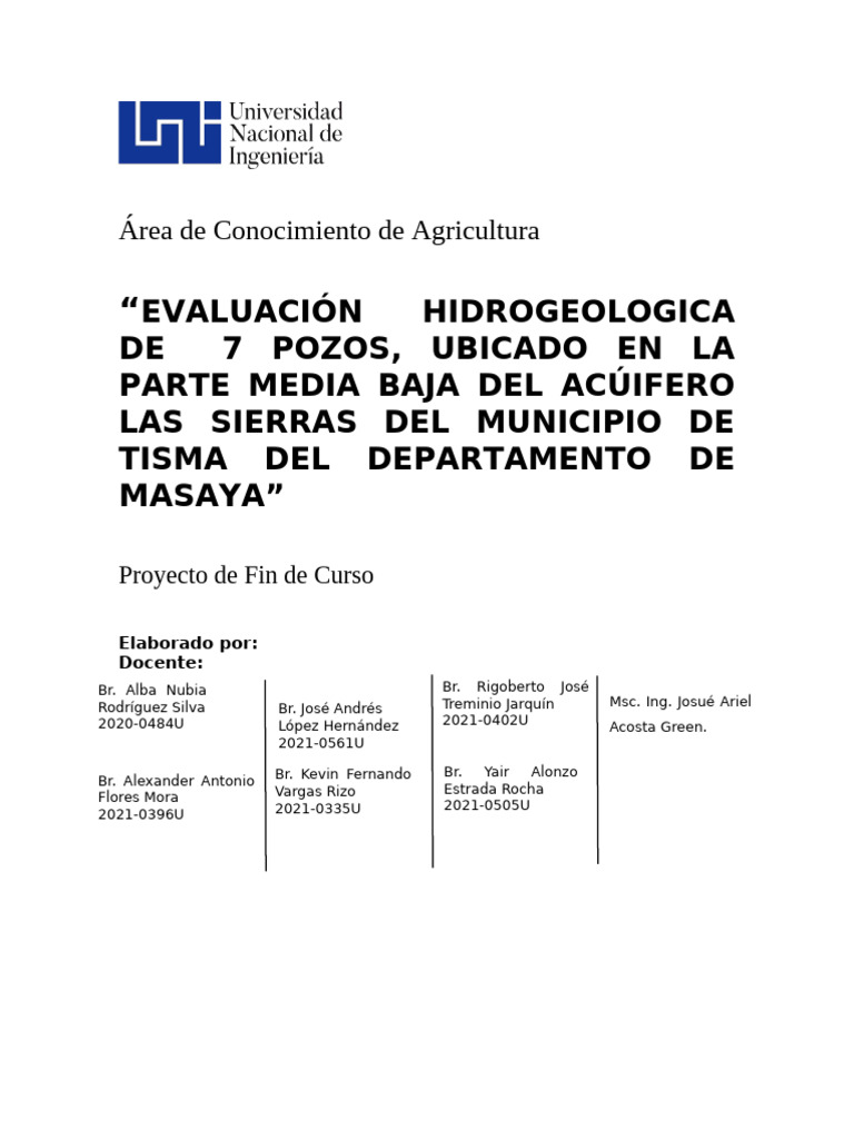 Evaluación Hidrogeológica de Pozos en Tisma | PDF | Agua subterránea | Agua