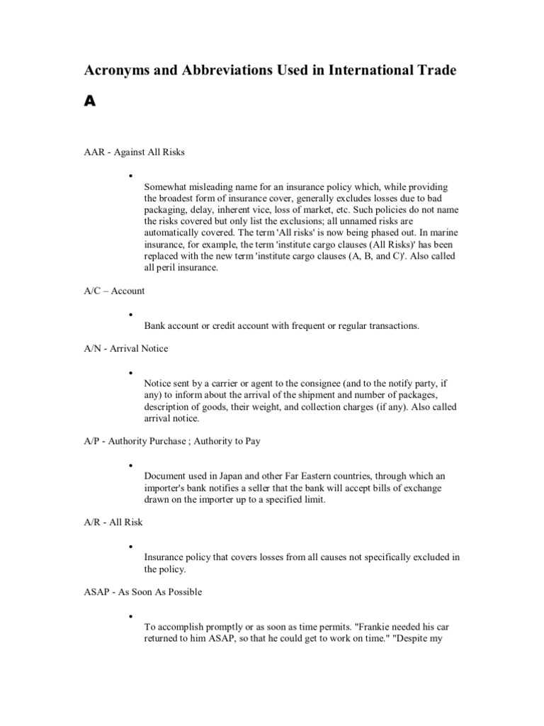 Acronyms and Abbreviations Used in International Trade | PDF ...