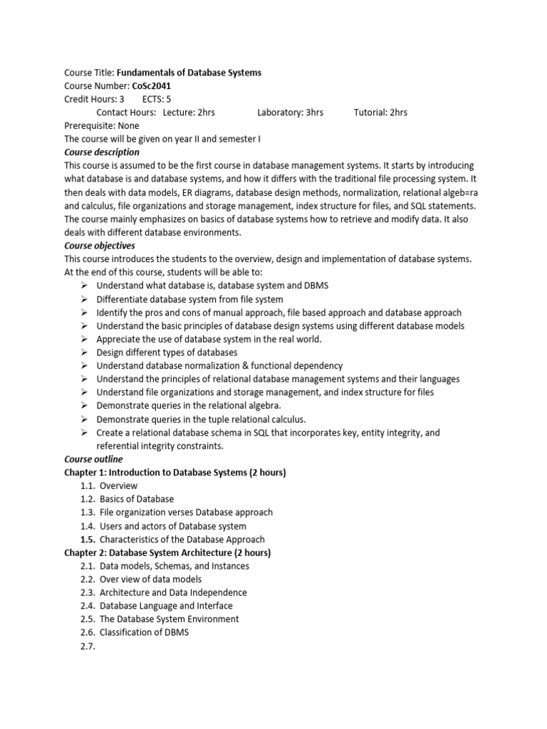 Fundamentals of Database Systems Course Outline | PDF | Relational Model | Databases