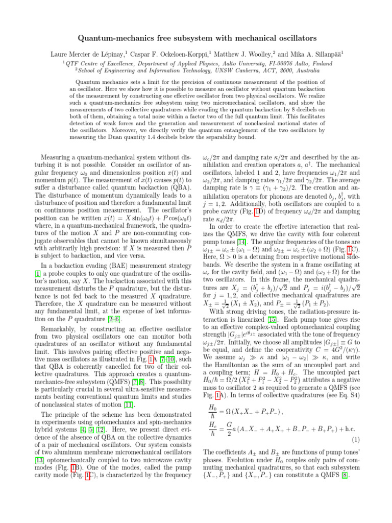 2009.12902v2-Quantum-mechanics free subsystem with mechanical oscillators | PDF | Hertz | Phase ...