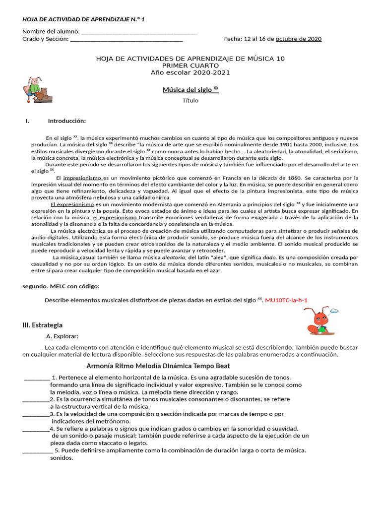 HOJA DE ACTIVIDADES PARA ESTUDIANTES - MÚSICA Y ARTES - 10 CON ...