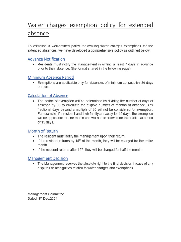 Water Charge Exemption Policy Guide | PDF