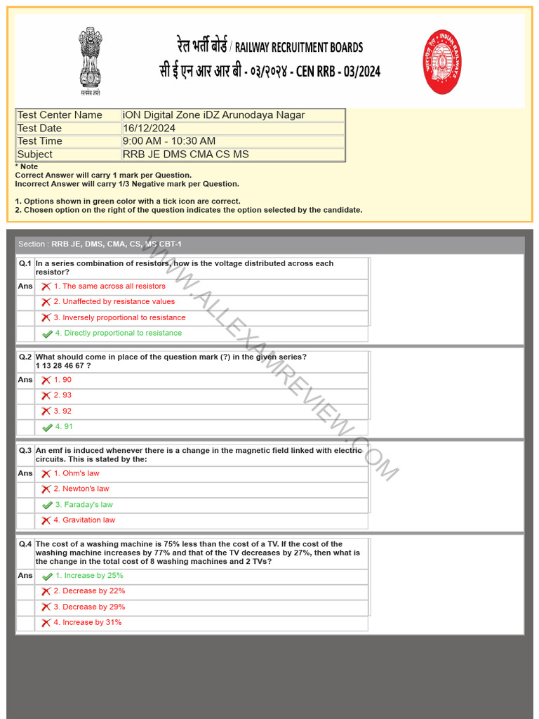 RRB JE Question Paper With Answer Key 2024 English | PDF | Resistor ...