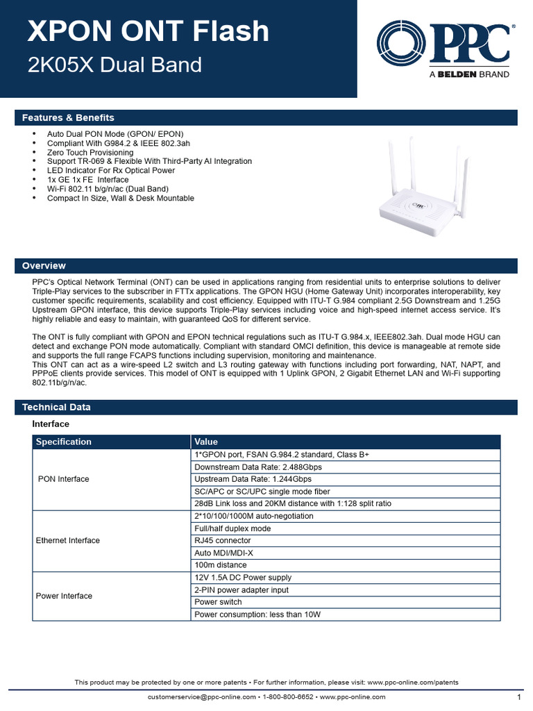 Xpon Ont Flash 2k05x Dual Band US - Spec Sheet | PDF | Ieee 802.11 ...