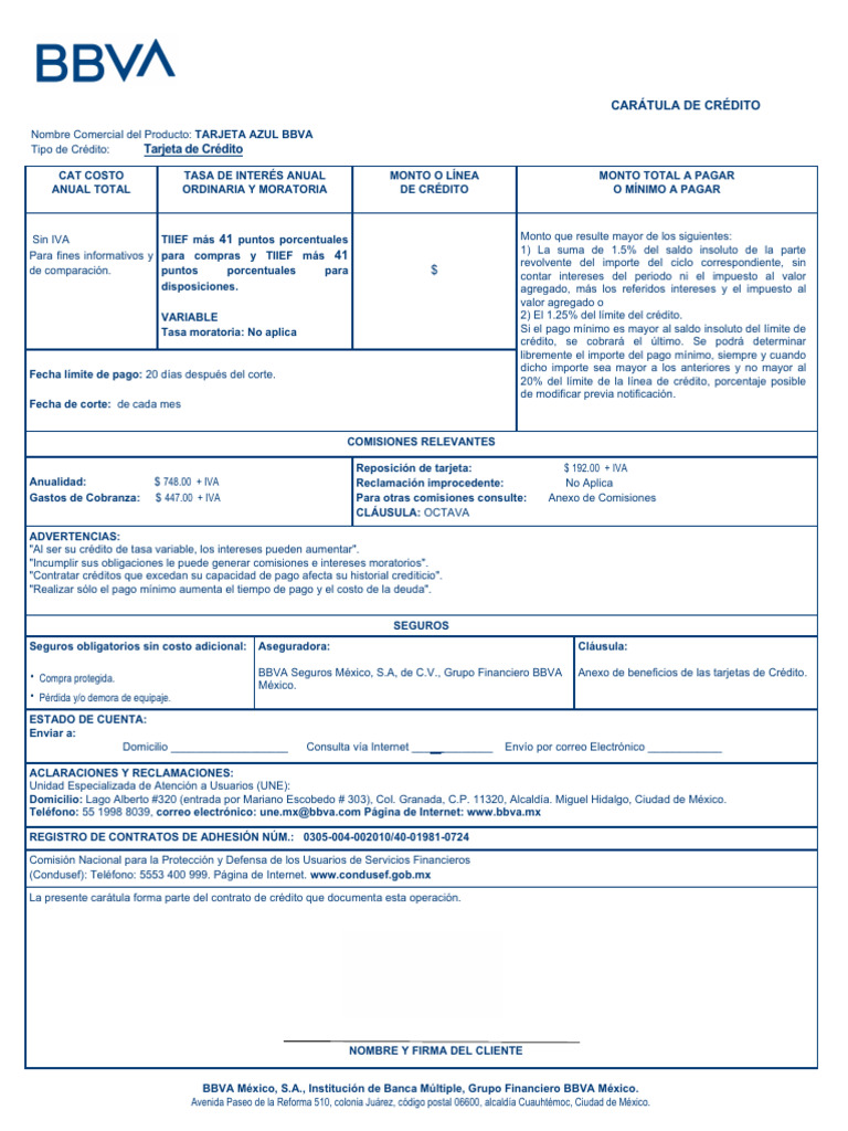 Tarjeta Azul BBVA: Costos y Comisiones | PDF | Tarjeta de crédito | Bancos
