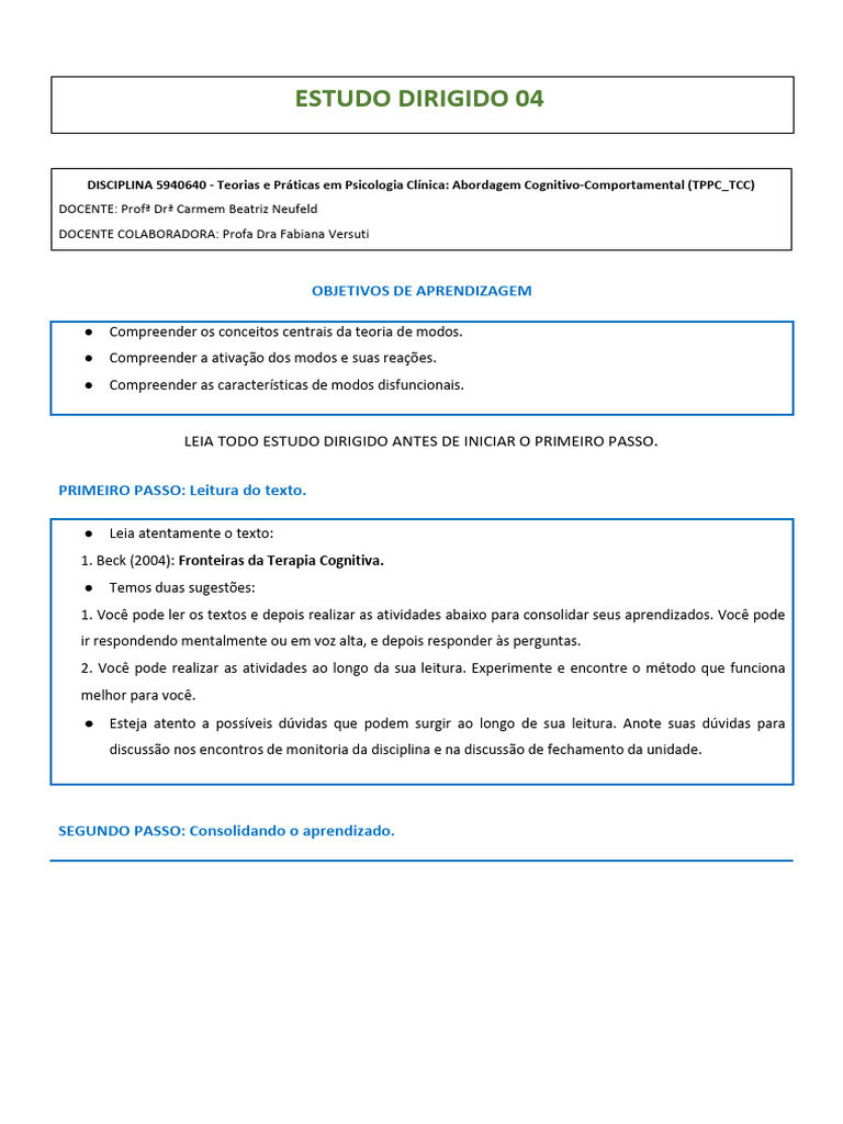 Estudo Dirigido 04 - TPPC - TCC | PDF | Aprendizado | Psicologia Cognitiva