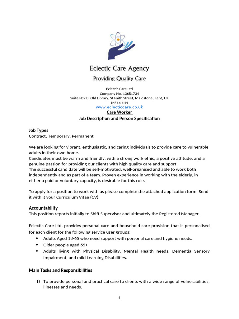 Care Worker Job Description and Responsibilities | PDF | Social Work ...