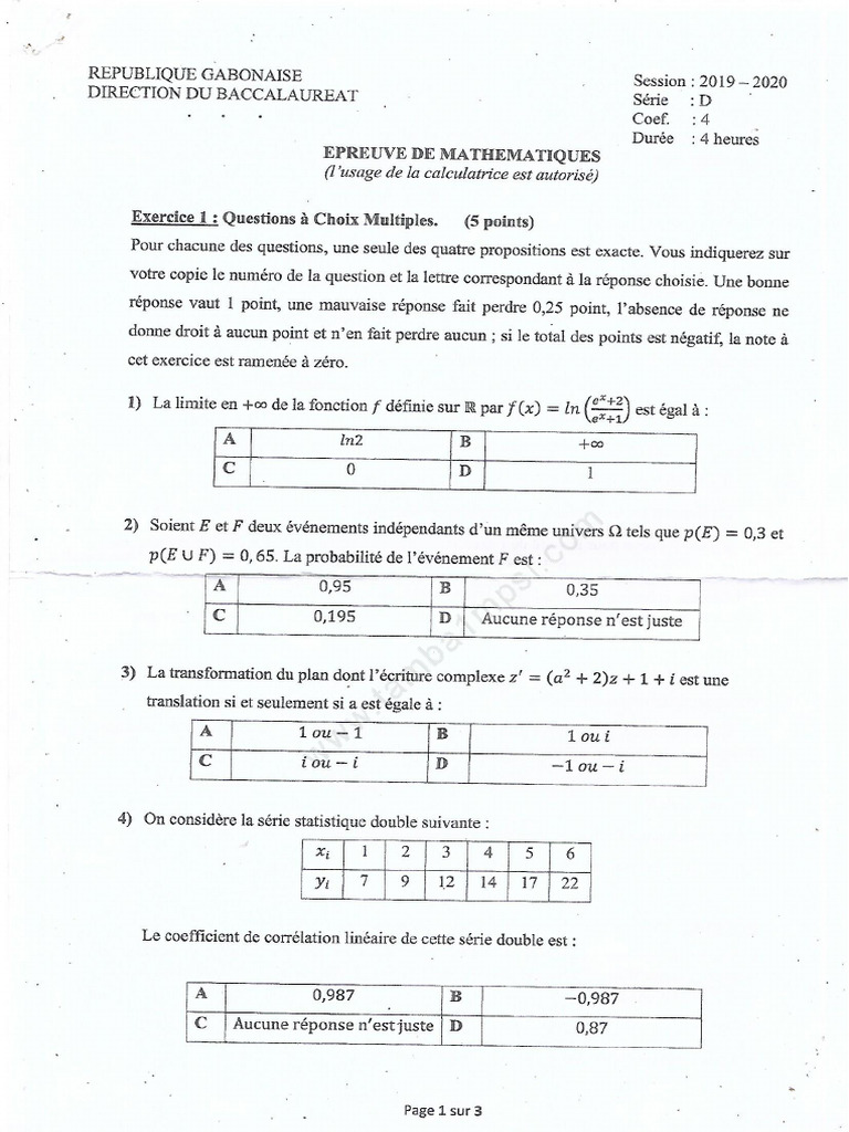 Bac 2020 Gabon Maths Series D | PDF