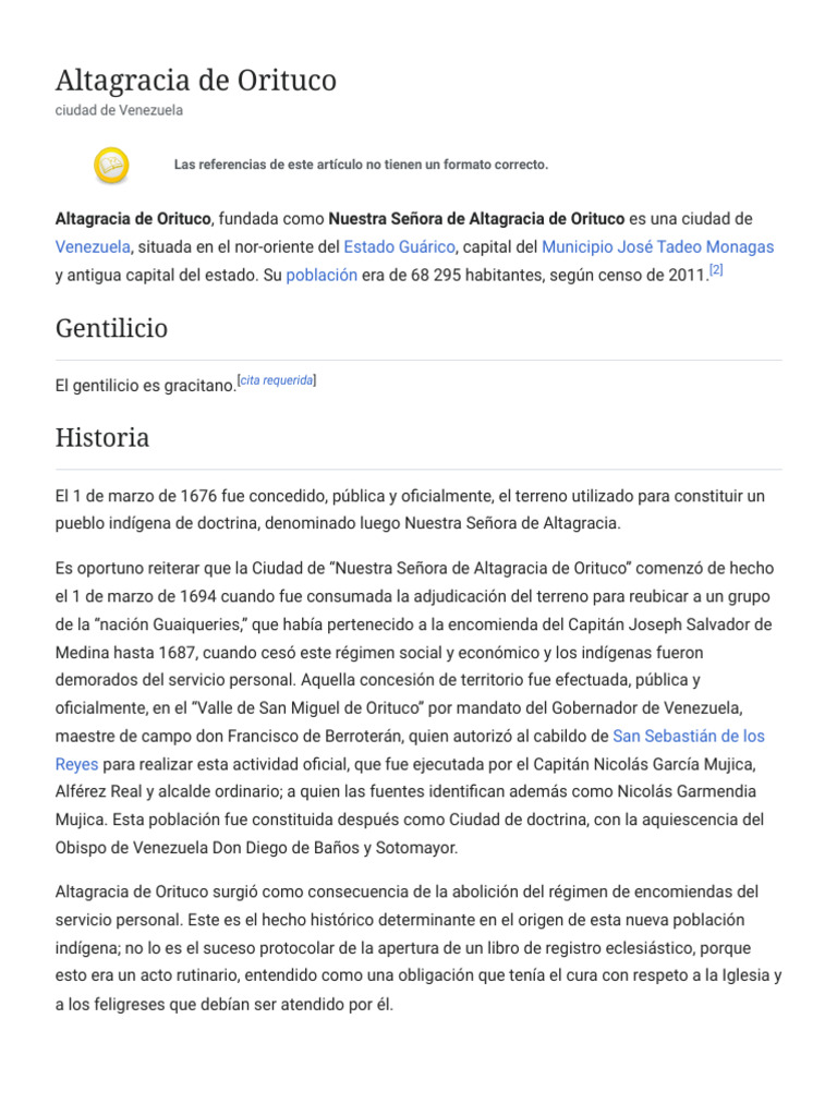 Altagracia de Orituco - Wikipedia, La Enciclopedia Libre | PDF