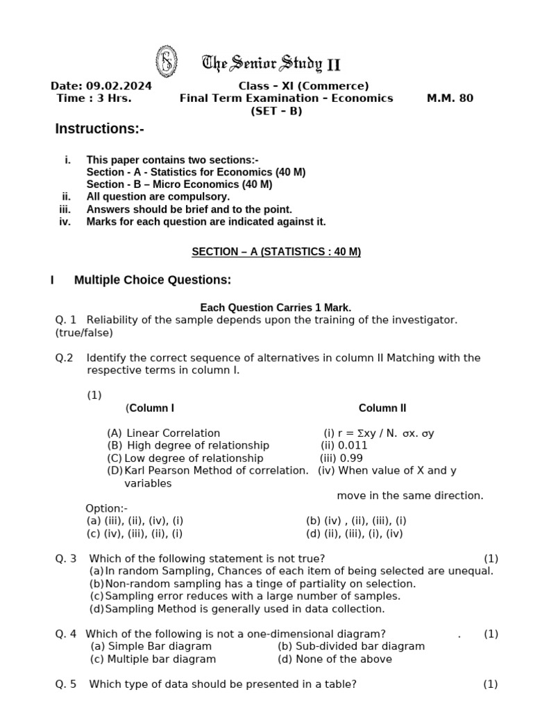 XI Economics Final Exam 09.02.2024 | PDF | Statistics | Statistical ...
