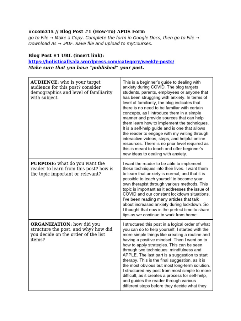 Blog Post #1 (How-To) APOS Form | PDF | Cognition | Behavioural Sciences