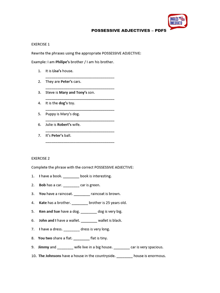 EXERCISE Possessive Adjectives | PDF