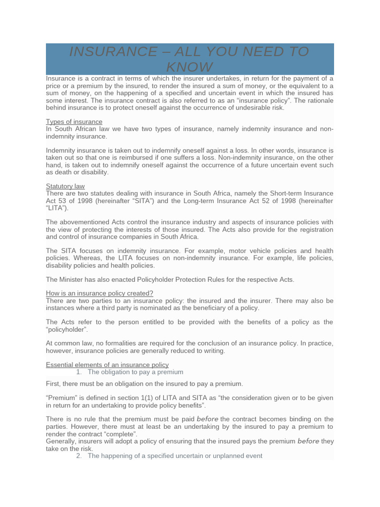 Overview of South African Insurance Law | PDF | Insurance | Indemnity