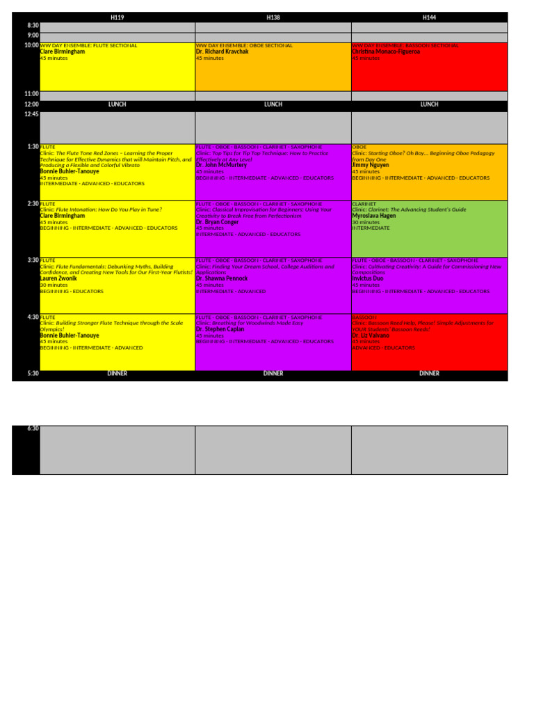 ww day schedule (3) | PDF | Woodwind Instruments | Bassoon