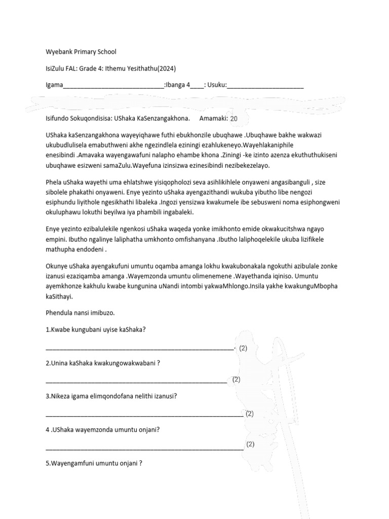 Isifundo Sokuqondisisa: UShaka KaSenzangakhona | PDF