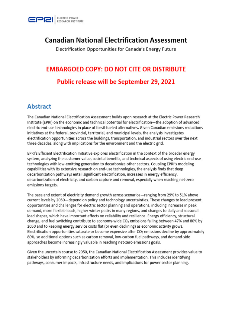 Canadian Electrification Assessment Report - Embargoed Copy | PDF ...