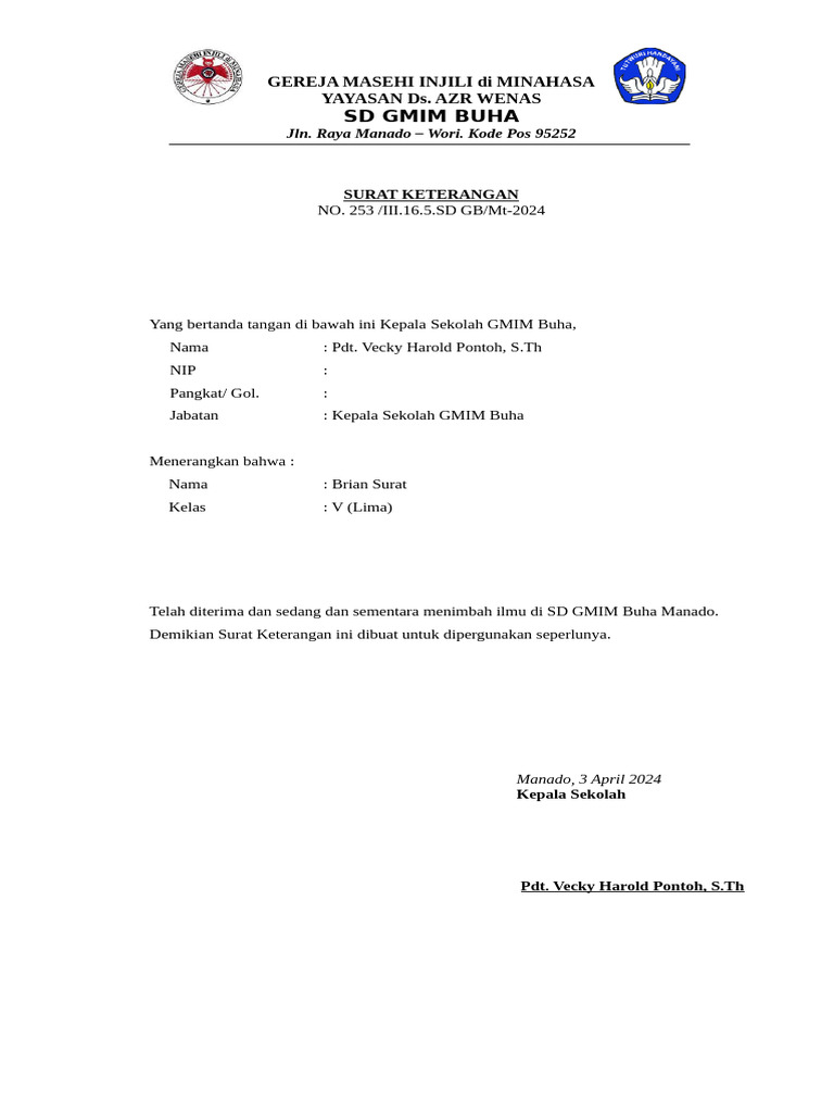 Surat Keterangan Siswa SD GMIM Buha | PDF
