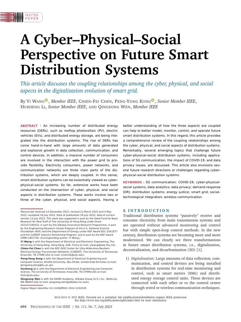 A CyberPhysicalSocial Perspective On Future Smart Distribution Systems | PDF | Computer Network ...