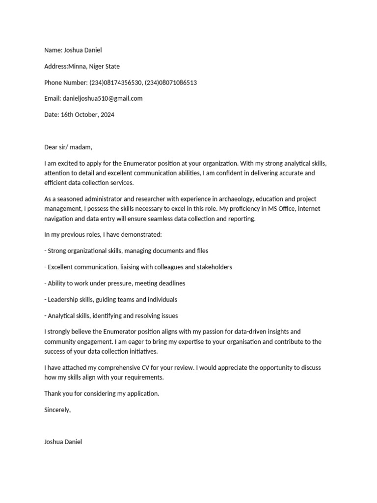Joshua Daniel Cover Letter | PDF