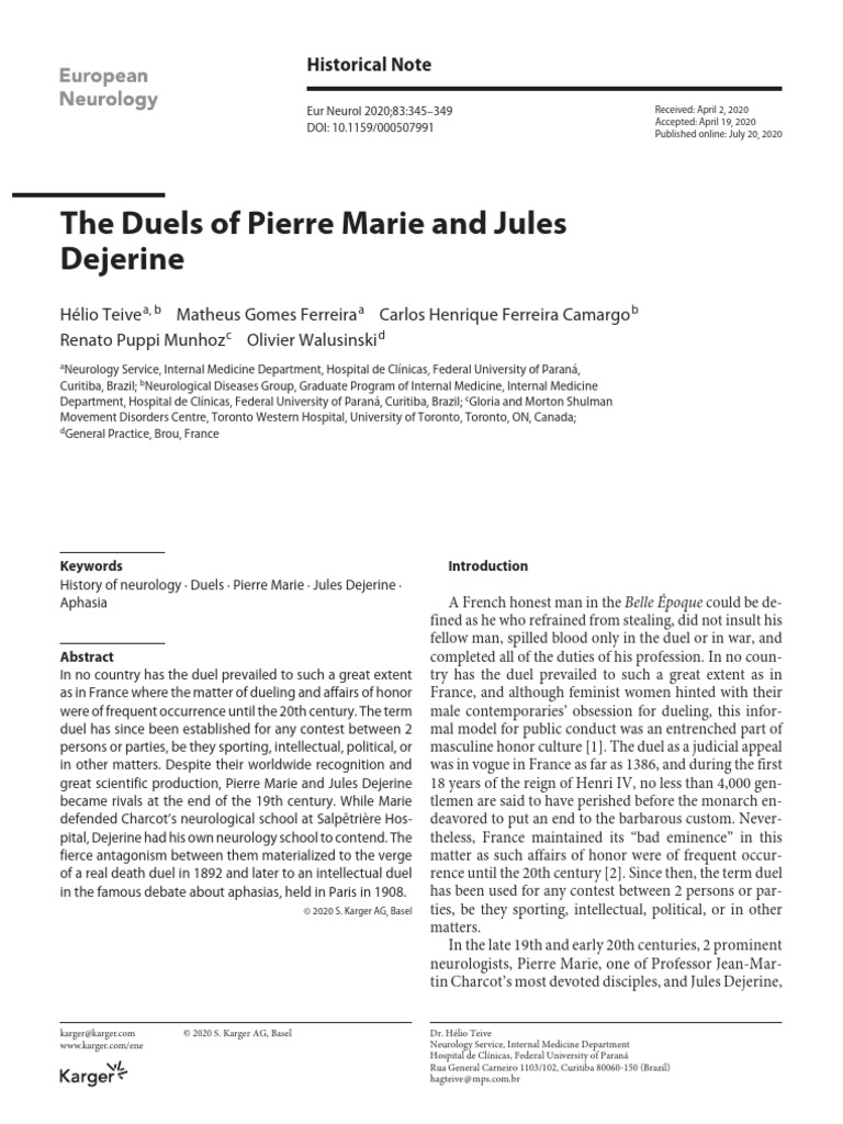 The Duels of Pierre Marie and Jules Dejerine - 2020 | PDF | Aphasia | Neurology