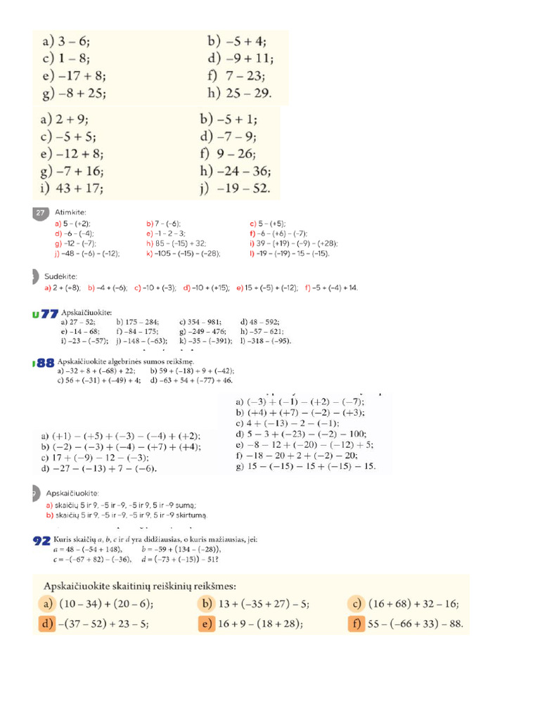 8kl. Kartojimas Sveikuju Skaiciu Sudetis, Atimtis Daugyba Ir Dalyba | PDF