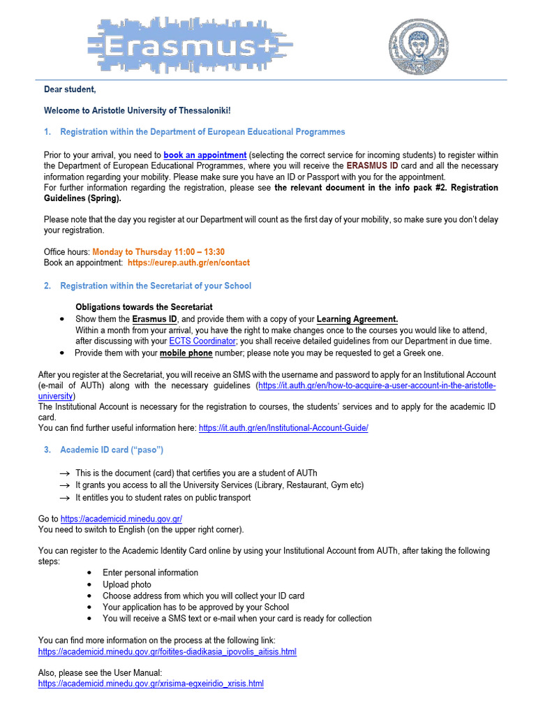 Erasmus Student Registration Guide AUTh | PDF | Fare | Identity Document