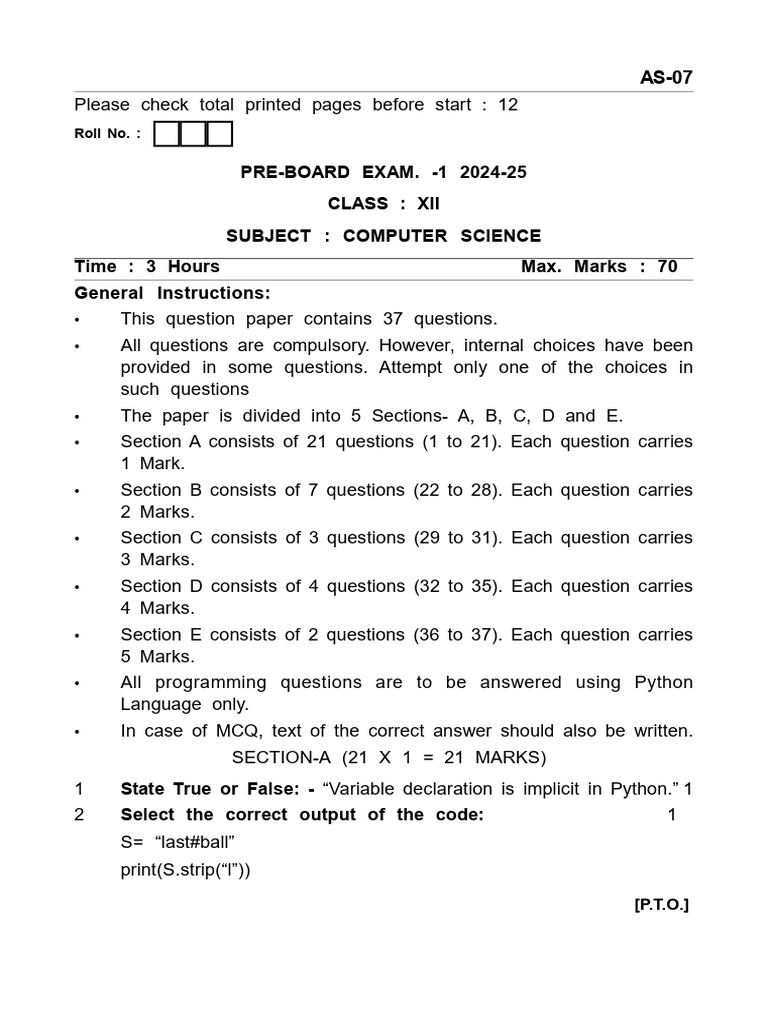 Class XII Computer Science Pre-Board Exam 2024-25 | PDF | Computer ...