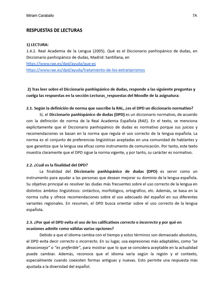 RESPUESTAS DE LECTURA (DPD) | PDF | Diccionario | Lengua española